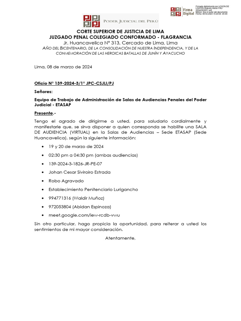 139-2027-3 Oficio de Asignación de Sala (F) | PDF