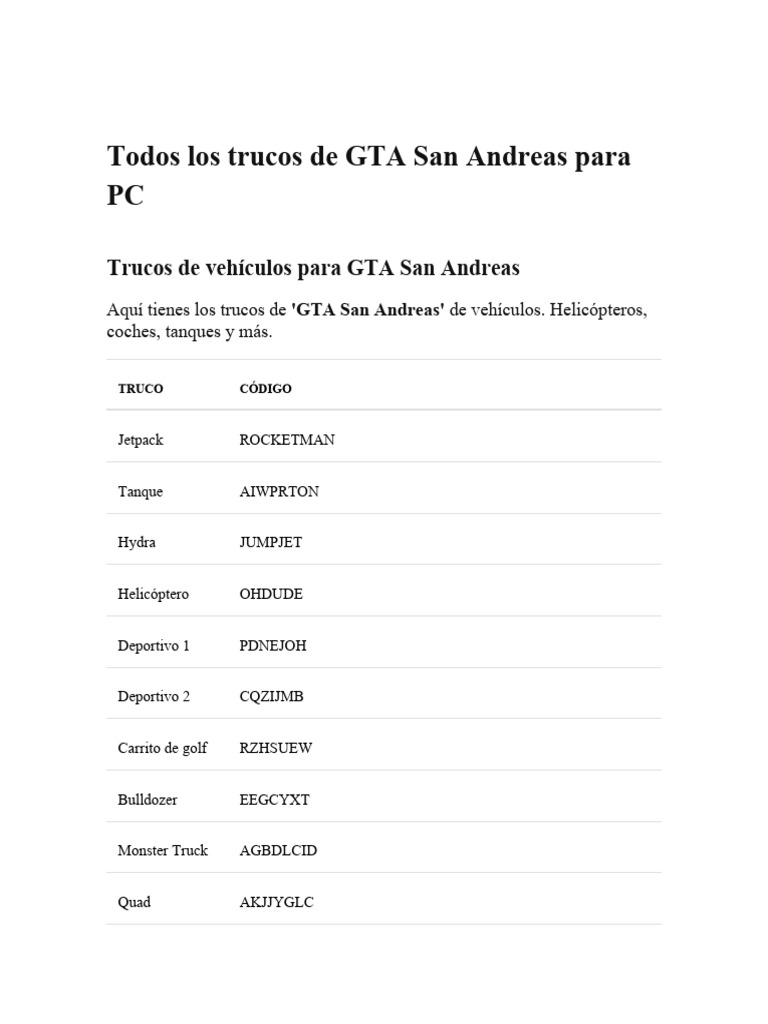 Todos Los Trucos de GTA San Andreas para PC | PDF