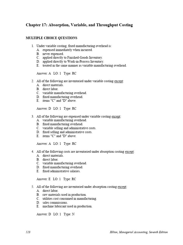 Chapter17.Absorption-Variable-and-Throughput-Costing-exercises | PDF | Cost Accounting | Inventory