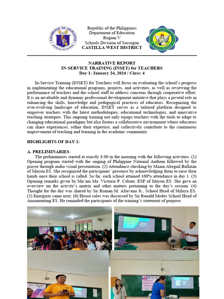 INSET Day 1 Narrative Report | PDF | Learning | Teachers