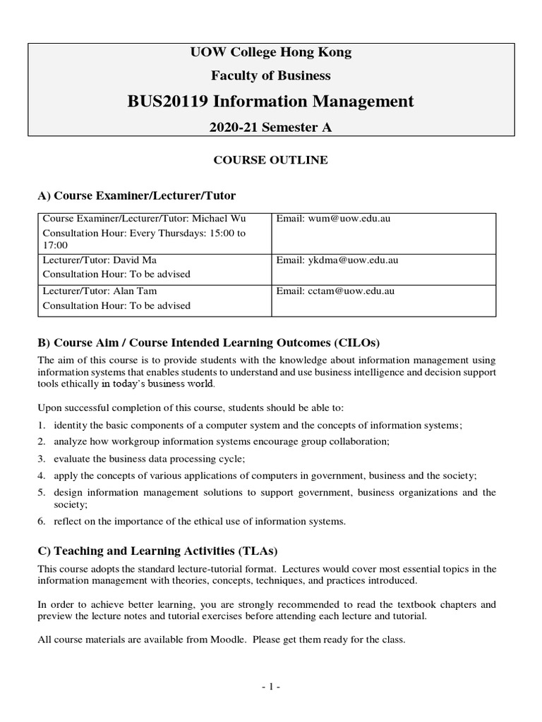 BUS20119 Information Management Course Outline - Sem A 202021 v3 | PDF ...