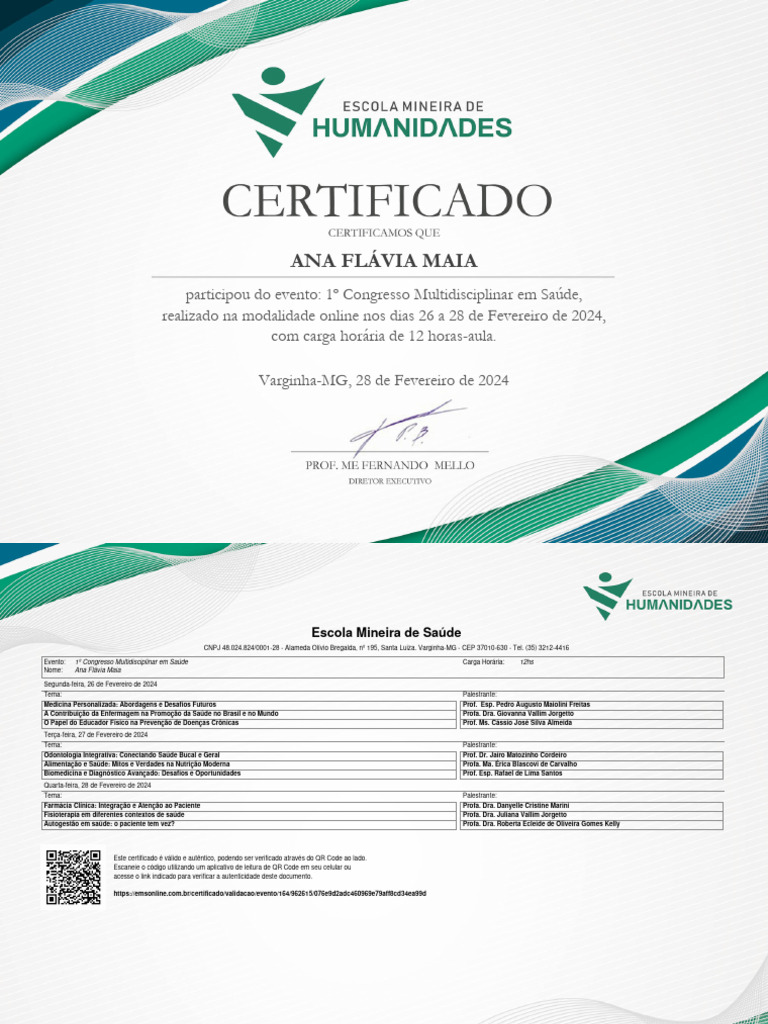 Certificado - 1º Congresso Multidisciplinar em Saúde | PDF | Especialidades médicas | Remédio