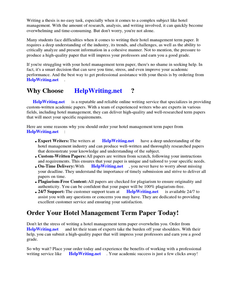 Hotel Management Thesis Assistance | PDF | Business