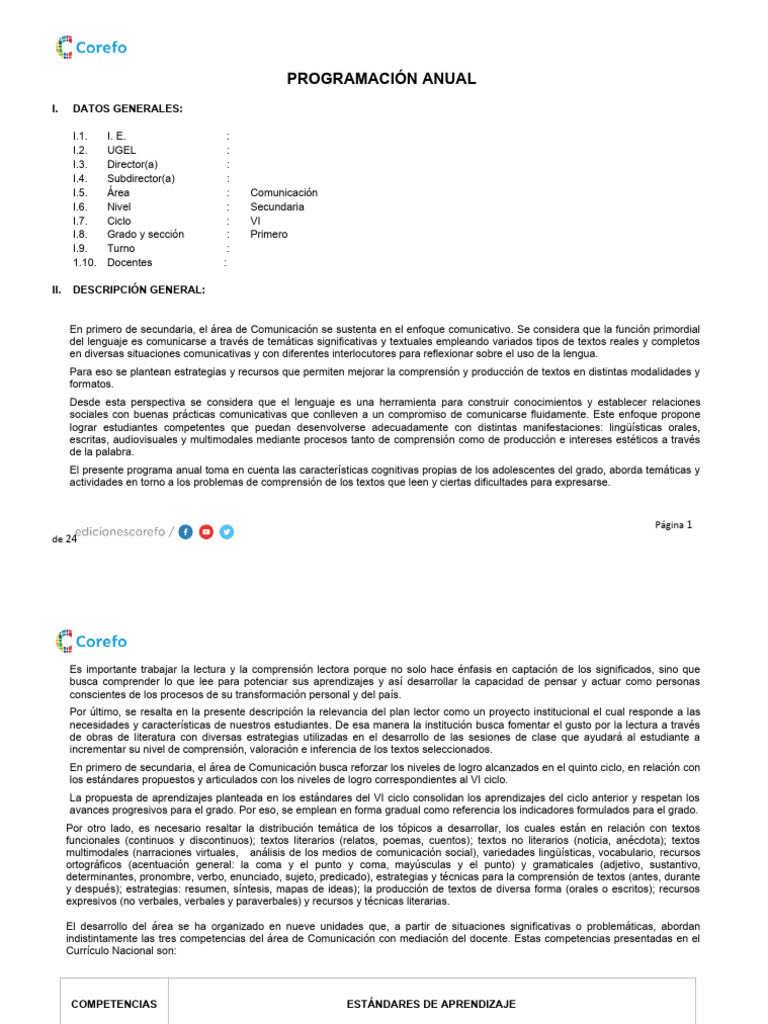 Programación Anual 1° - Sec. | PDF | Aprendizaje | Comunicación