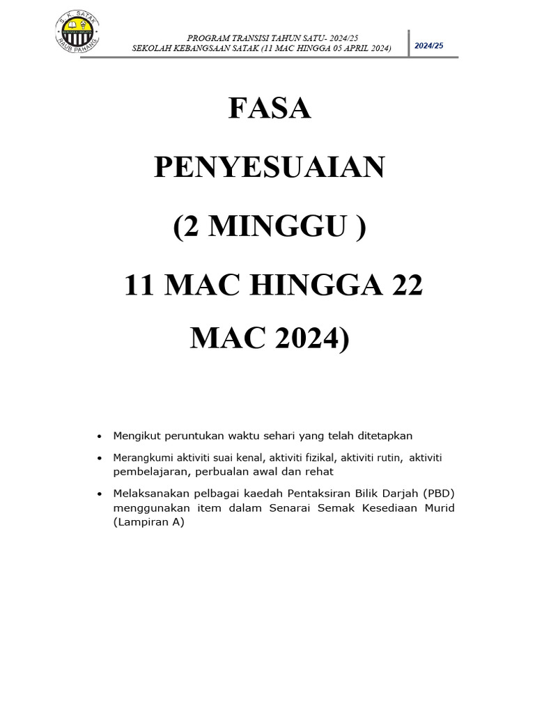 RPH FASA PENYESUAIAN Minggu 1 | PDF
