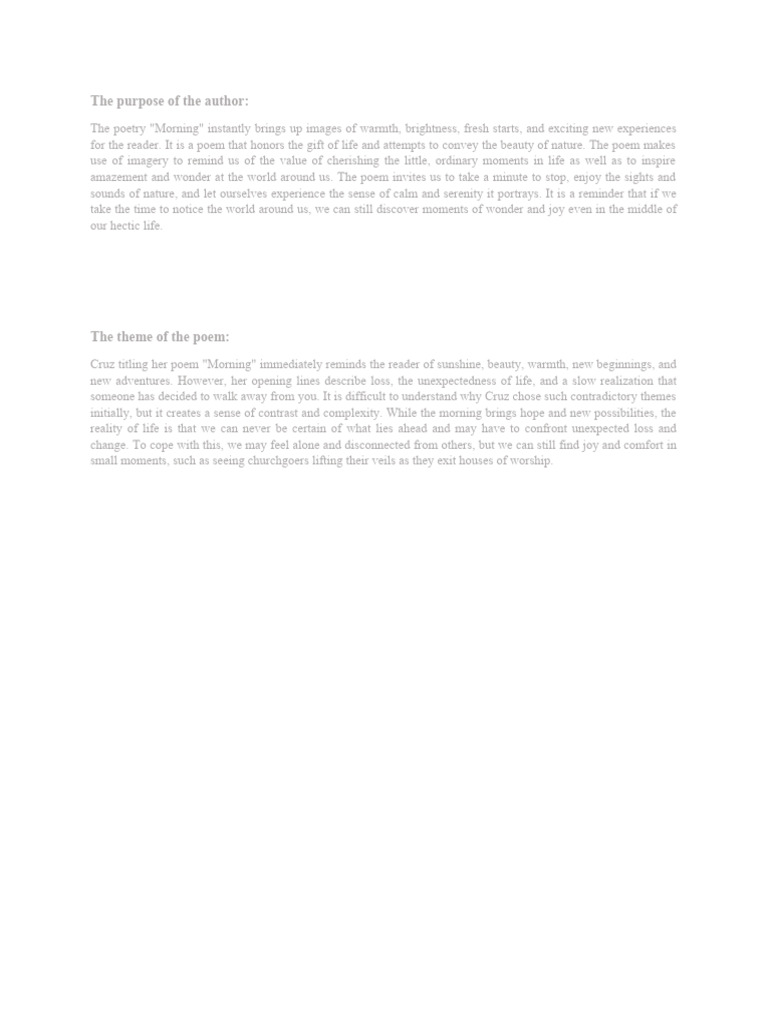 the purpose and the theme of the poem "morning" by conchitina cruz | PDF