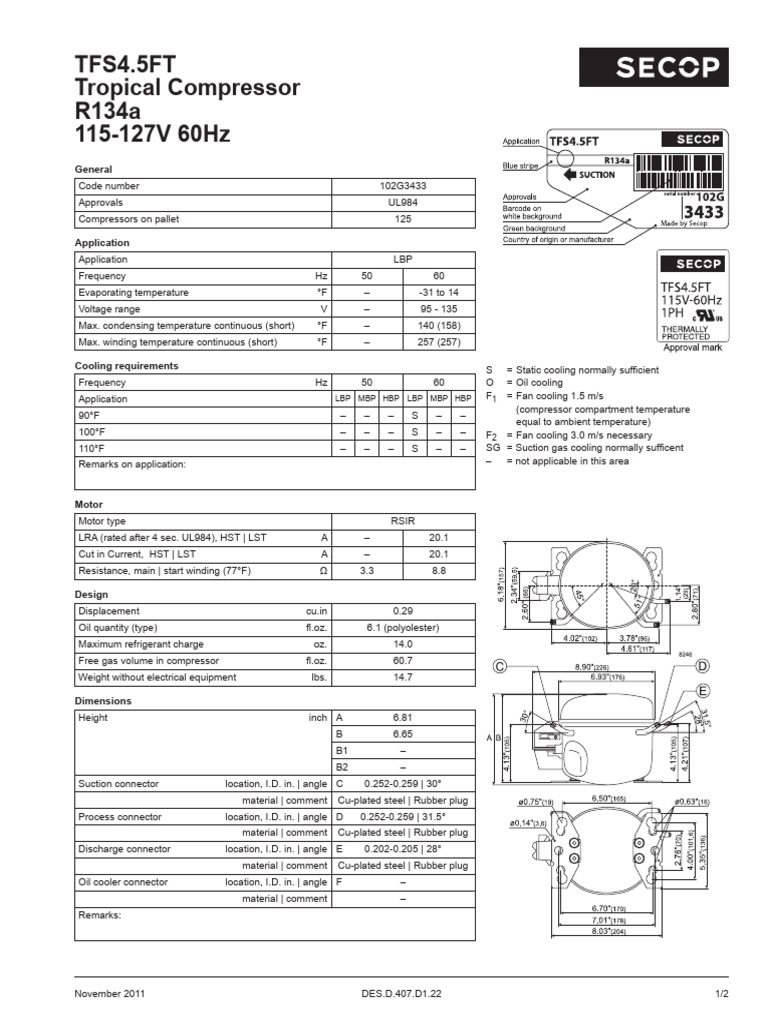 TFS4.5FT Tropical Compressor Specs | PDF | Electrical Engineering | Manufactured Goods