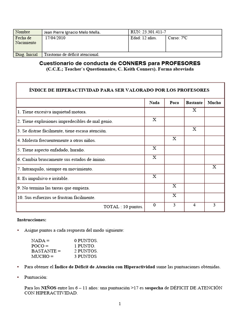 Test de Conners Jean Melo 7C | PDF | Desorden hiperactivo y deficit de ...