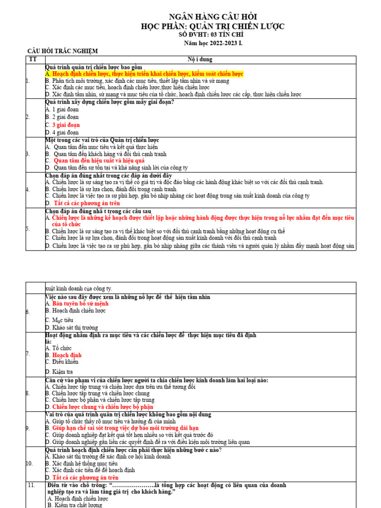 Ngân Hàng Câu Hỏi - QTCL | PDF