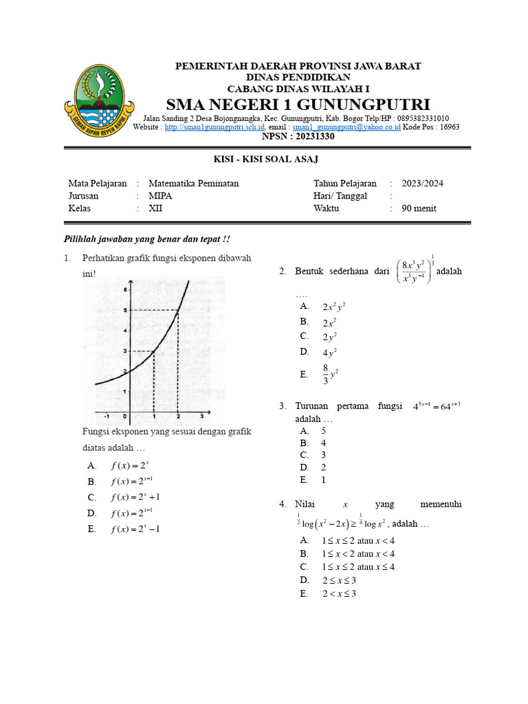 Kisi Kisi Soal Asaj Matematika Peminatan 2024 | PDF