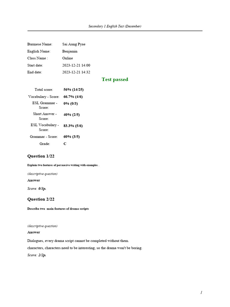 Secondary 1 English Test Results | PDF | Linguistics