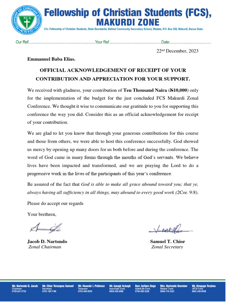 Acknowledgment of Contribution by Emmanuel Baba | PDF | Career & Growth