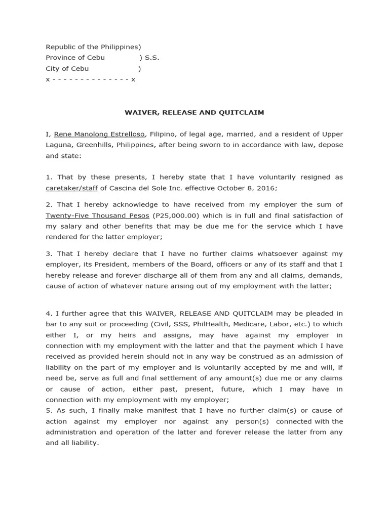 Waiver and Quitclaim of Rene | PDF | Finance & Money Management ...