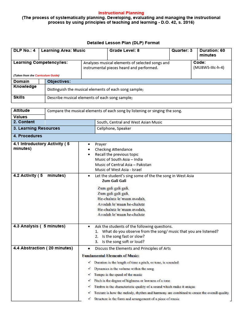 Grade 8 Music Lesson Plan Template | PDF | Learning | Lesson Plan