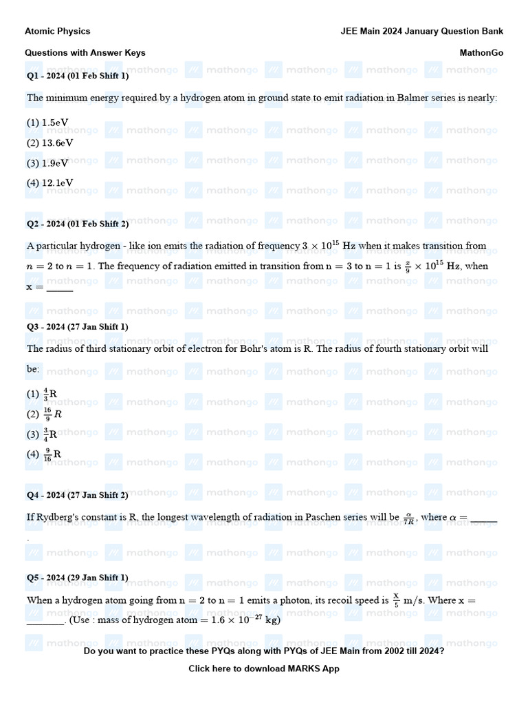 Atomic Physics - JEE Main 2024 January Question Bank - MathonGo | PDF ...