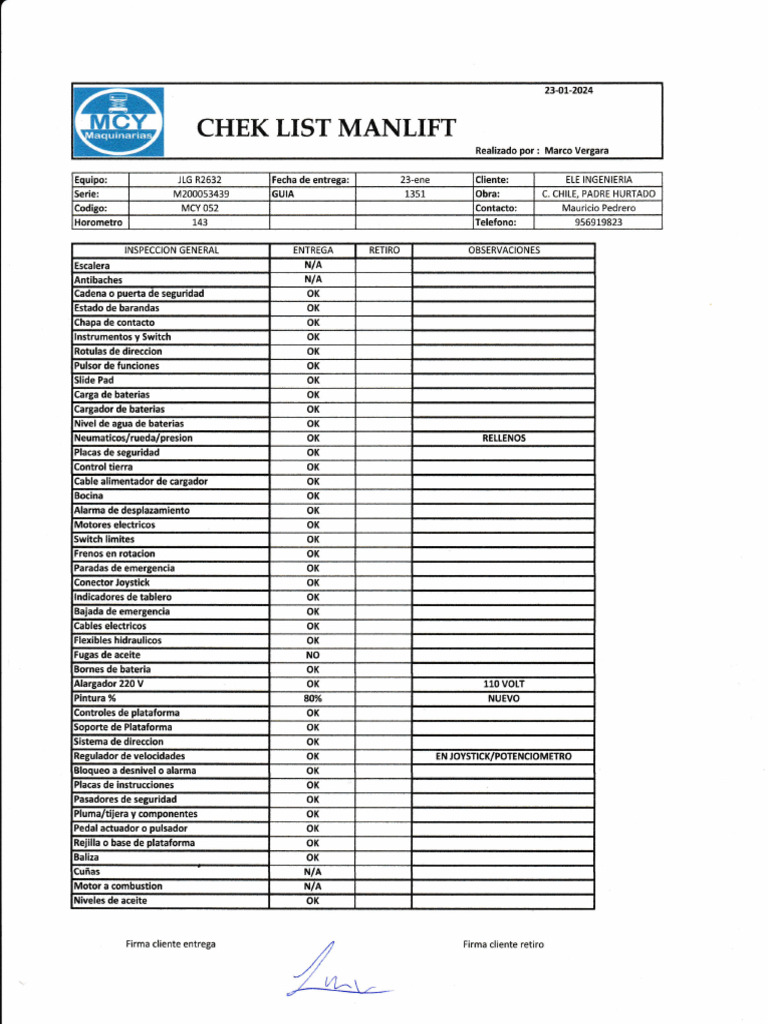 Check List J Ele Ingenieria JLG R2632, 052, Padre Hurtado | PDF ...