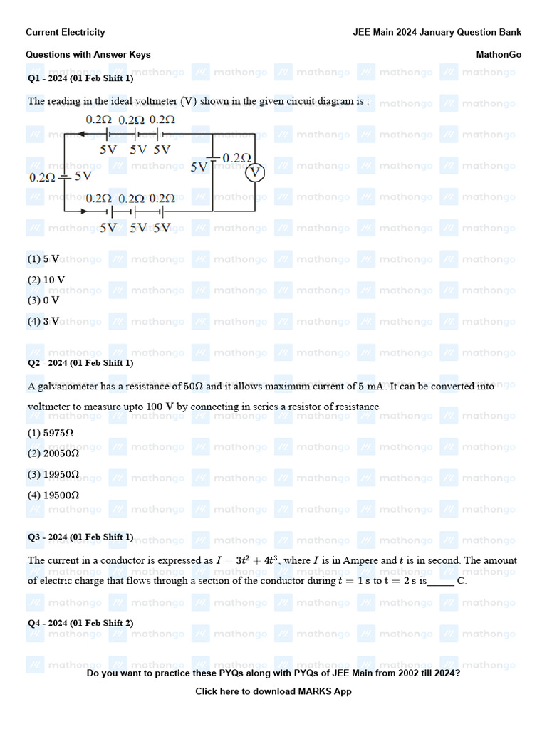 Current Electricity - JEE Main 2024 January Question Bank - MathonGo ...