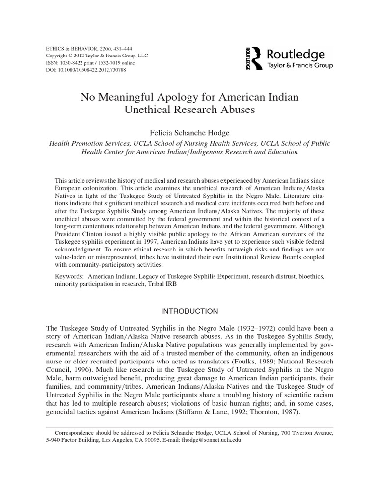 Article No Meaningful Apology For American Indian Unethical Research ...