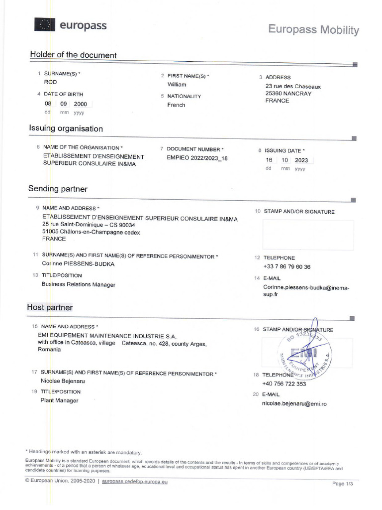 Europass - Mobility - Internship - ROD William - en | PDF