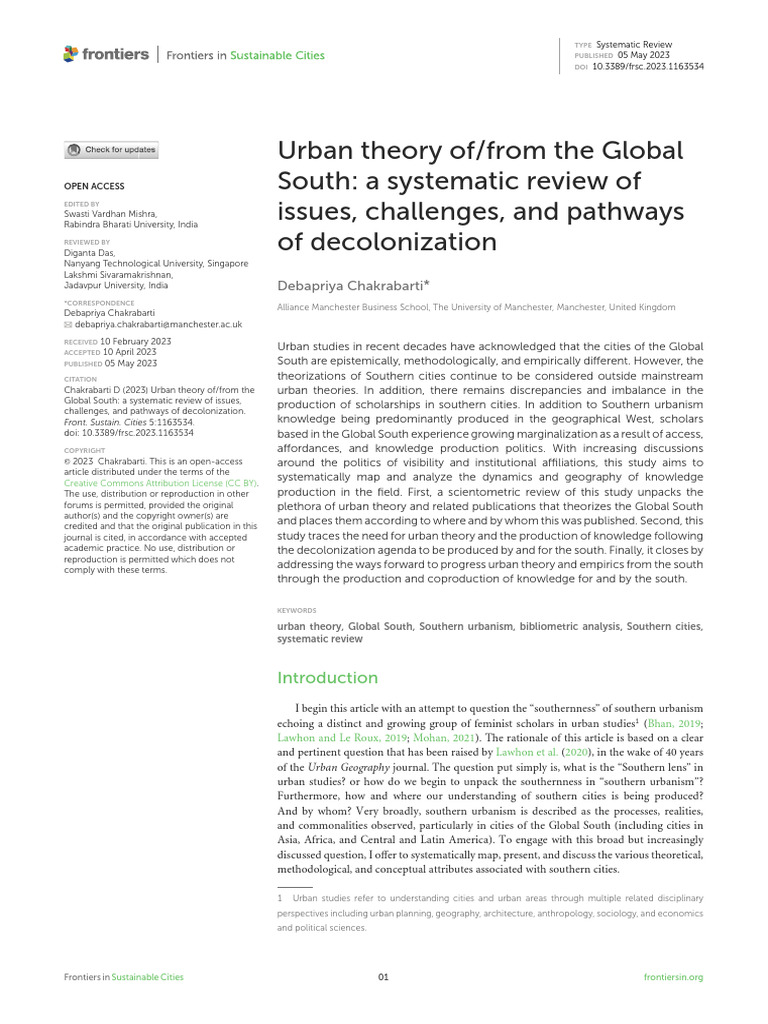 Urban Theory of From The Global South A Systematic Review of Issues, Challenges, and Pathways of ...