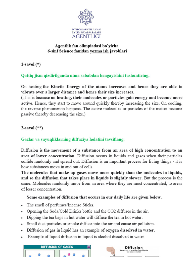 6-Sinf Science (Yozma Ish Javoblari) | PDF | Proton | Atoms