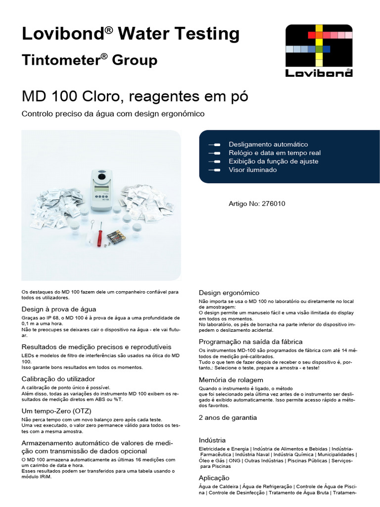 Lovibond - MD100 Cloro, Reagente em Pó - Folha de Dados 276010 | PDF | Tecnologia e Engenharia