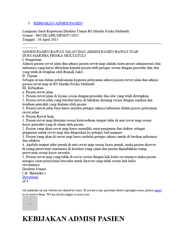 Kebijakan Admisi Pasien | PDF
