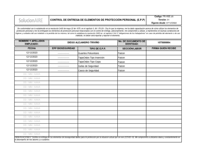 FR-HSE-25 Control Entrega de EPP | PDF