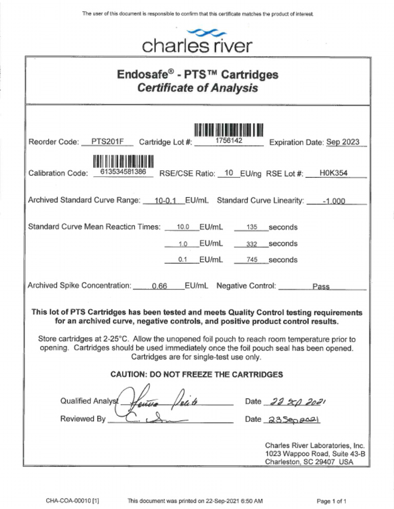 Certificate of analysis PTS Charles River | PDF