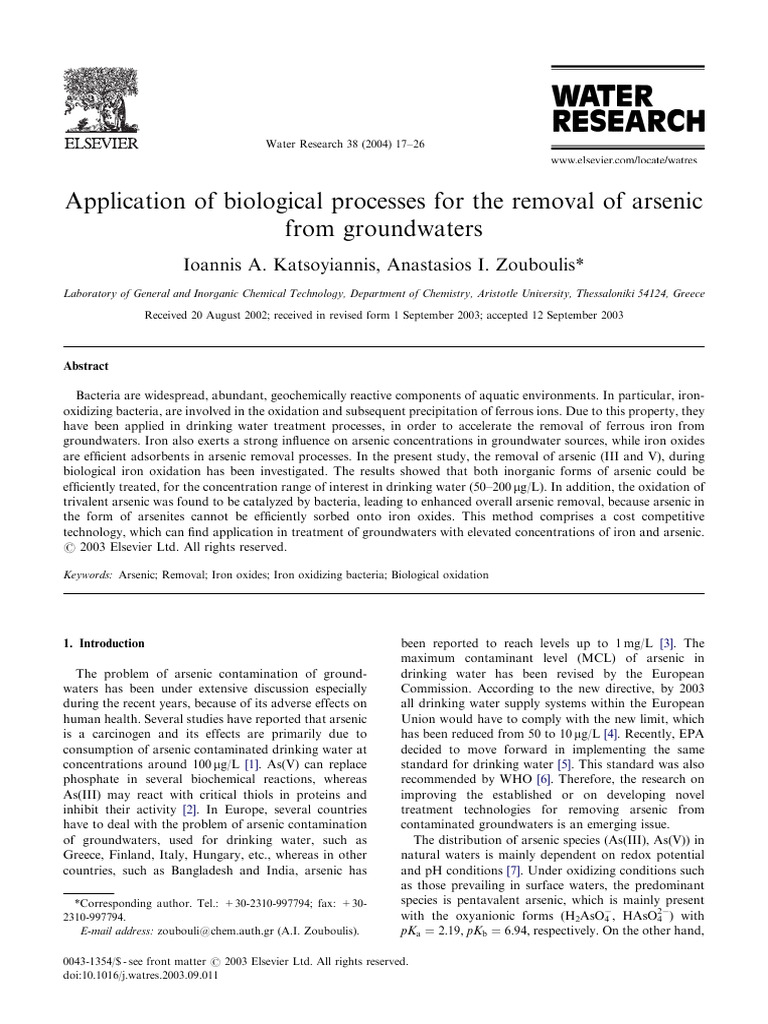 Application of Biological Processes for as Ground Water | PDF | Arsenic ...