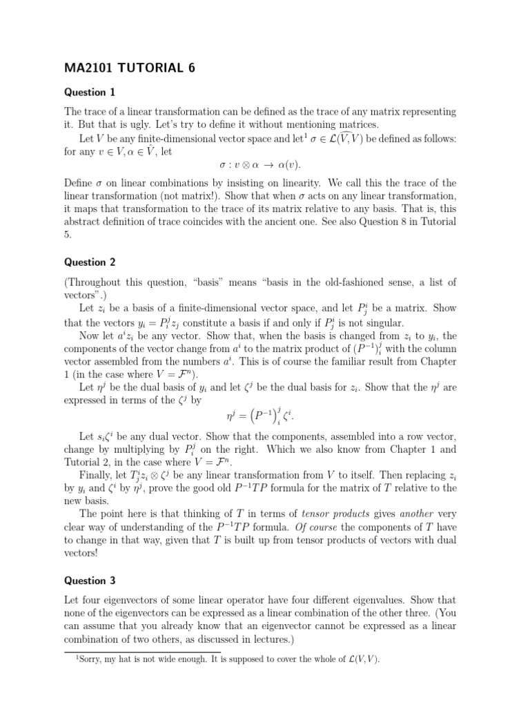 MA2101 Tutorial 6 | PDF | Eigenvalues And Eigenvectors | Linear Algebra