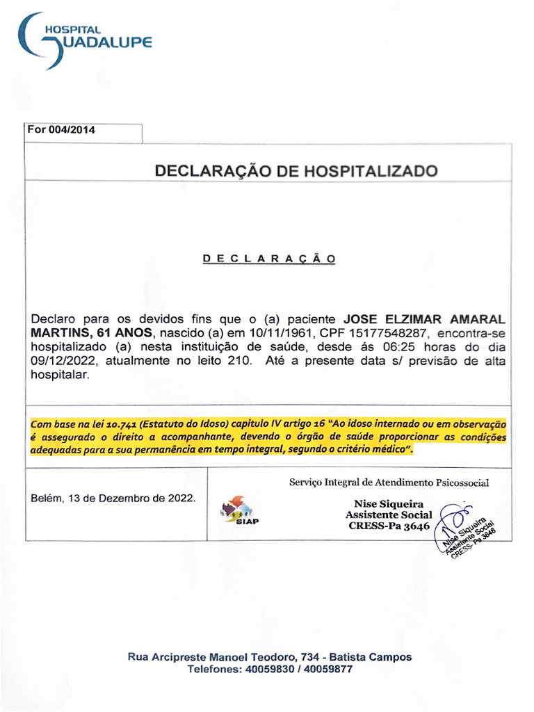 Declaração Hospital | PDF