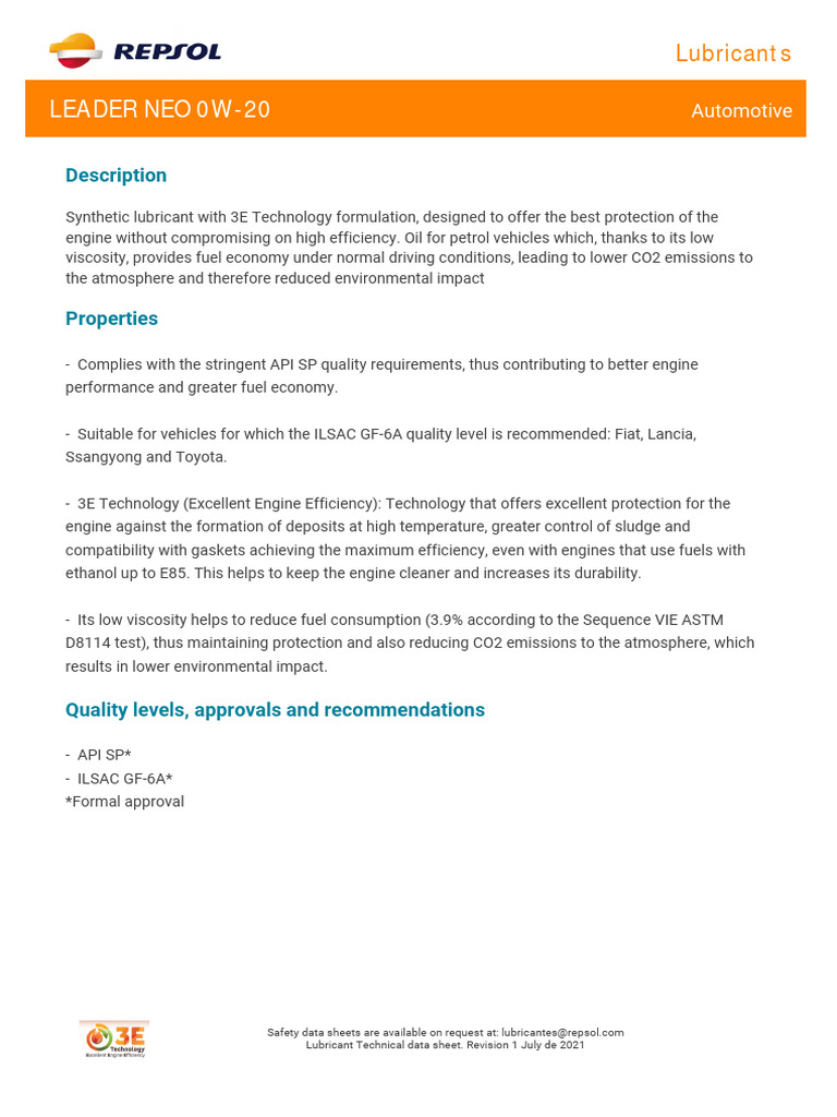 Repsol Leader Neo 0w-20 En | PDF | Motor Oil | Fuels