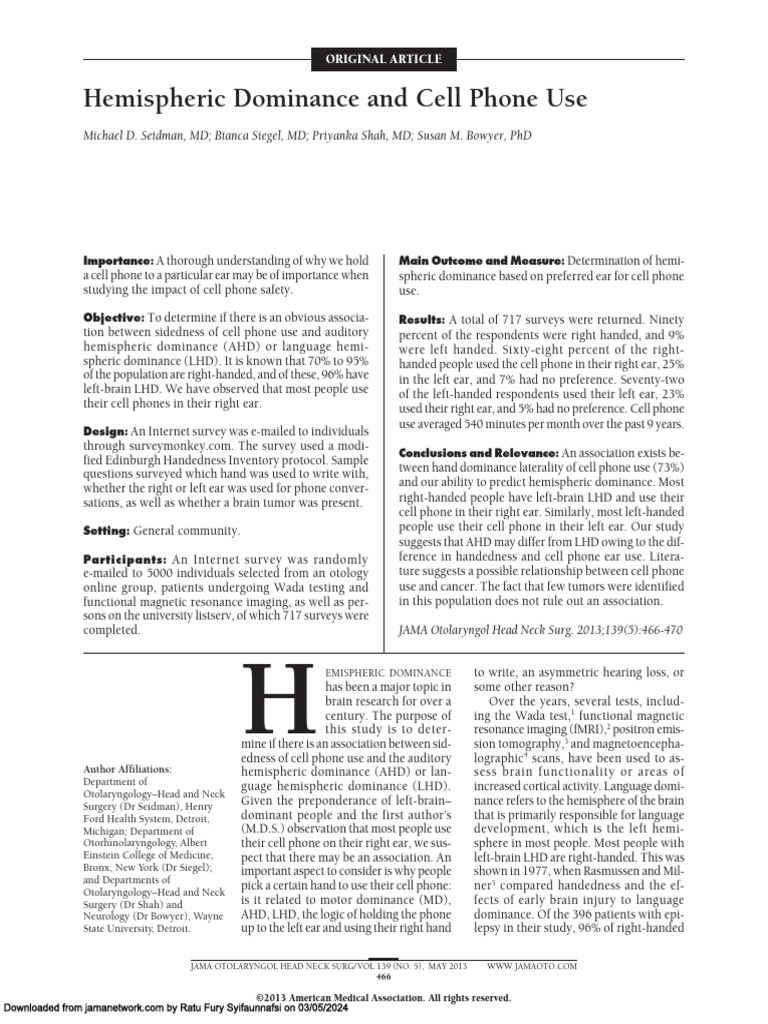 Hemispheric Dominance and Cell Phone Use | PDF | Handedness ...