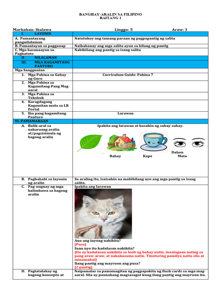 Banghay Aralin Sa Filipino 1 | PDF