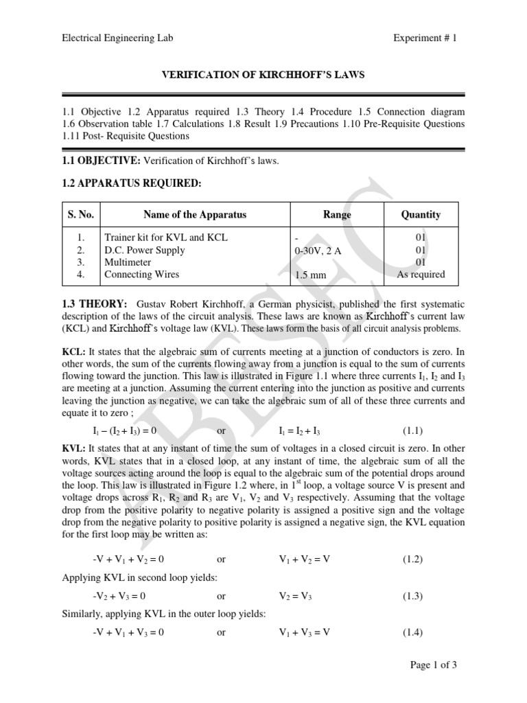 1. Kirchhoff’s Laws | PDF | Metrology | Electrical Engineering