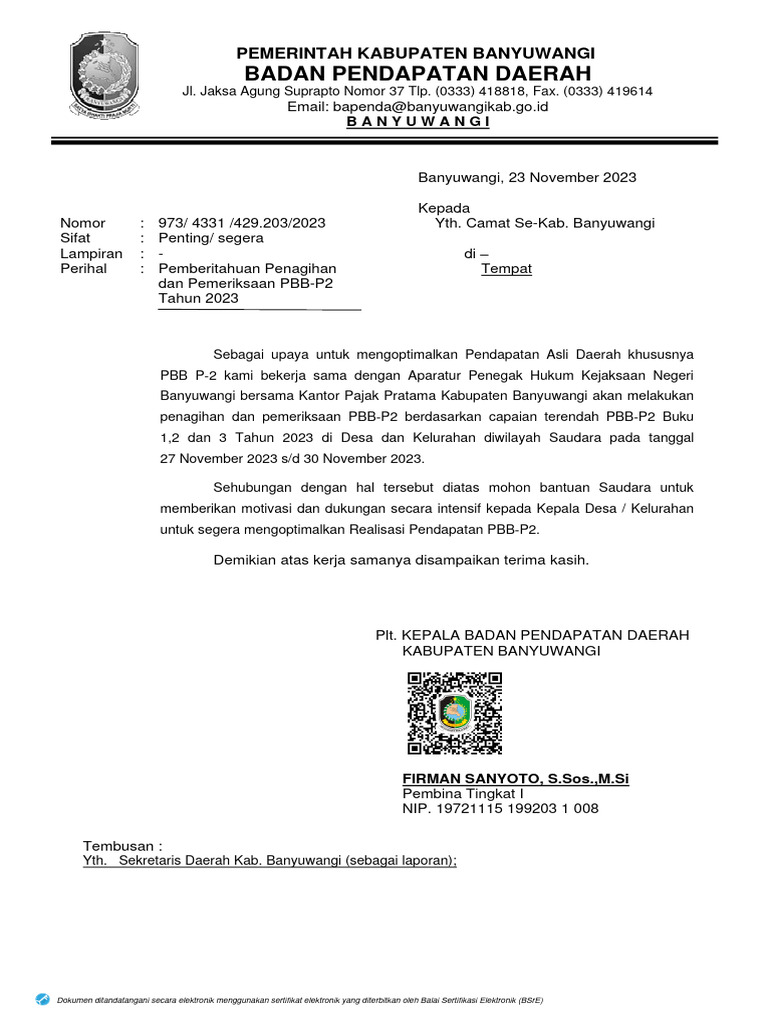 Surat Pemberitahuan Tagihan PBB 2023 Dengan KPP Dan Kejaksaan | PDF