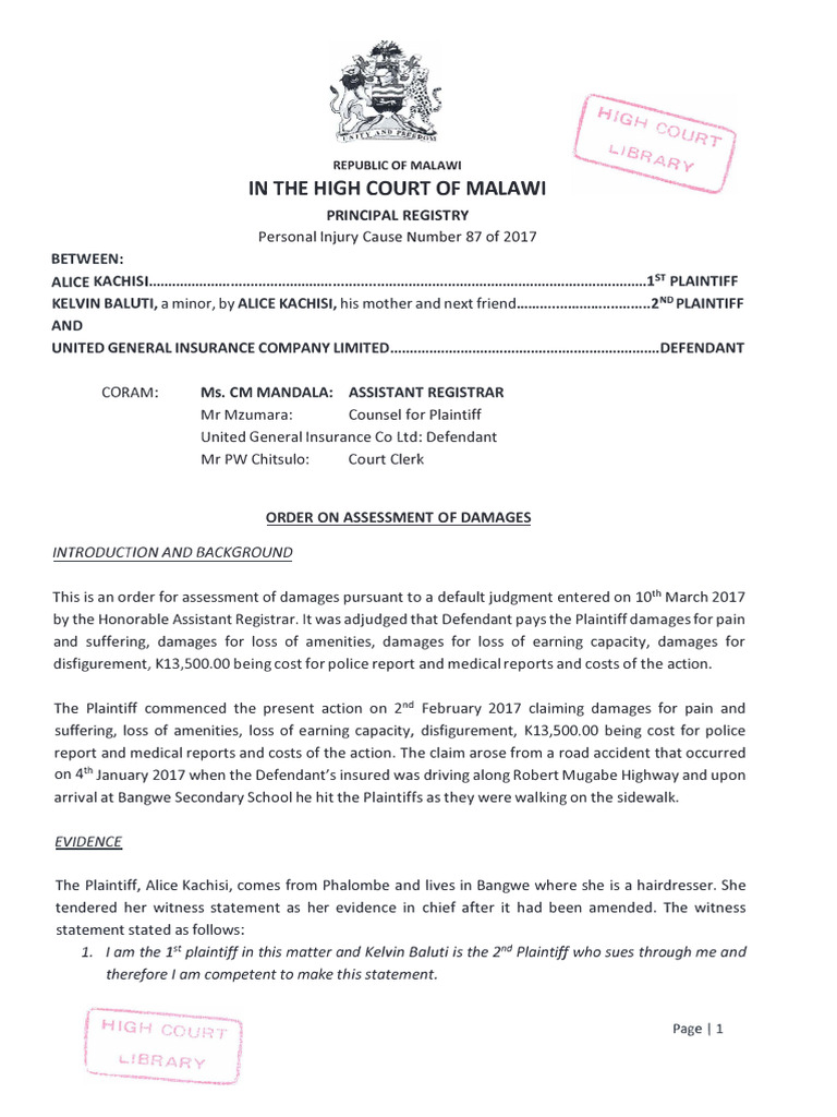 Alice Kachisi and Kelvin Baluti vs. United Geberal Insurance | PDF ...