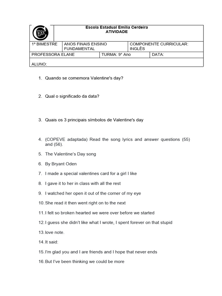 9°ano Atividade Sobre Valentine's Day | PDF