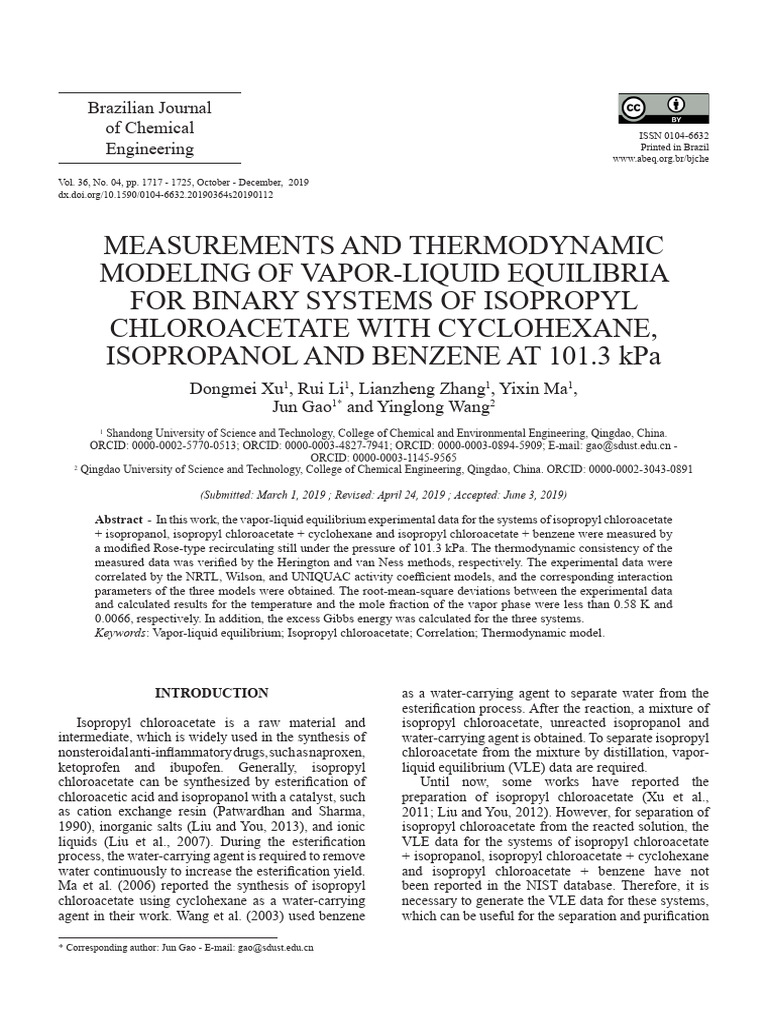 Measurements and Thermodynamic Modeling of Vapor-Liquid Equilibria For Binary Systems | PDF ...