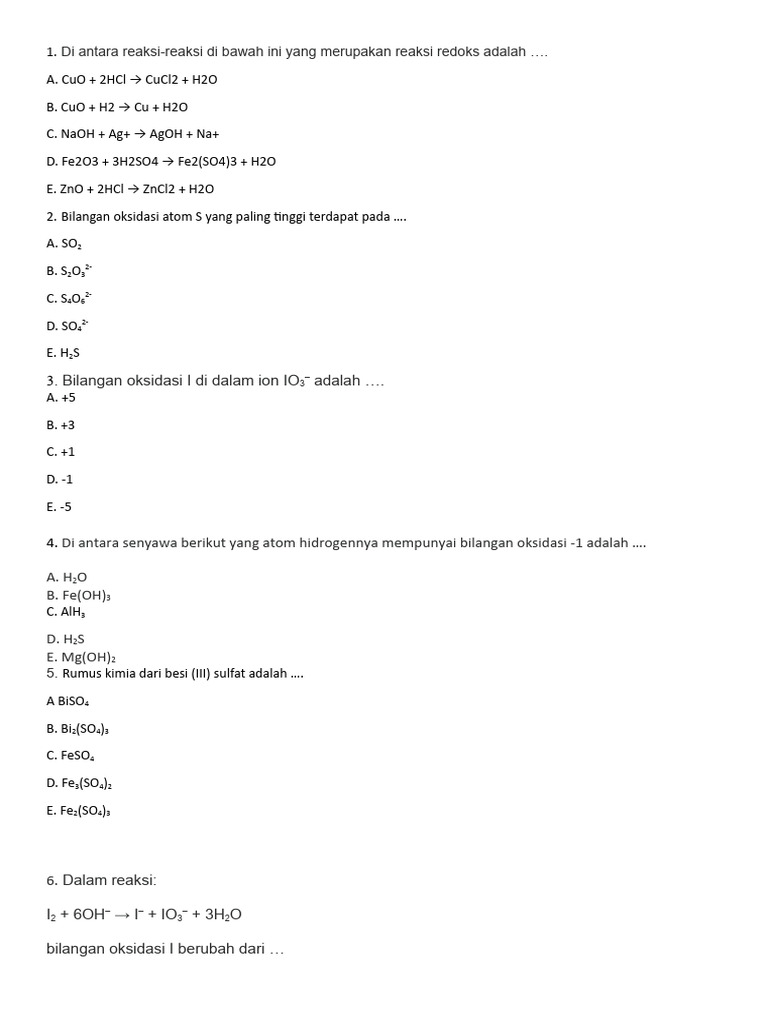 Soal Kimia Kelas 10 Oksidasi Reduksi | PDF