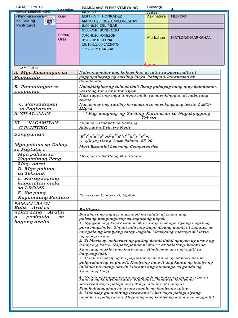 Filipino 4 Lesson Plan | PDF