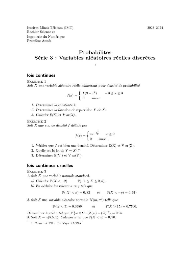 TD4 Variable Aleatoire Continues | PDF | Variance (mathématiques) | Variable aléatoire à densité