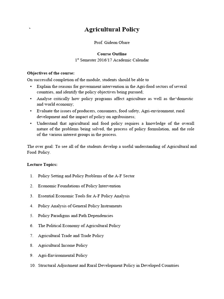 Agec 451 - Agricultural Policy Course Outline-1 | PDF | Policy ...