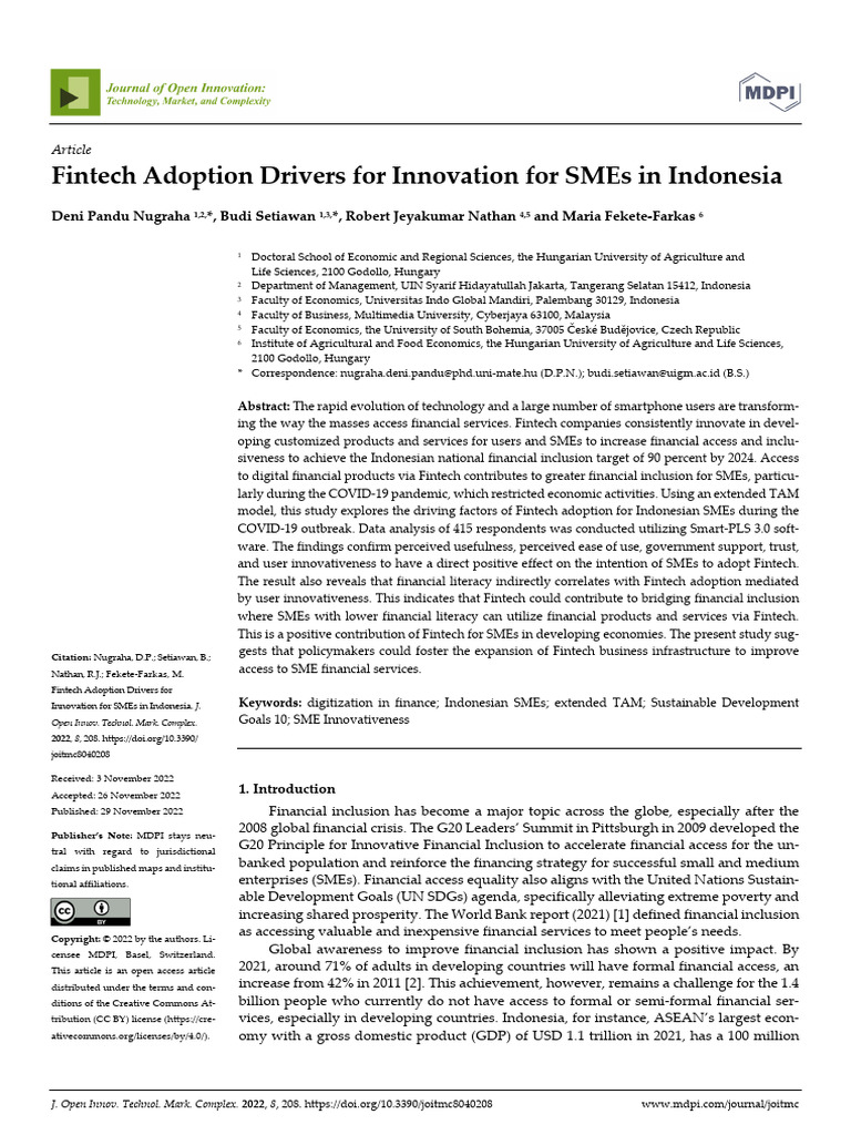 Nugraha, D. P., et al. (2022). FinTech adoption drivers for innovation for SMEs in | PDF ...
