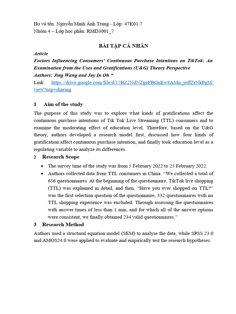 Nguyễn Minh Ánh Trang - BTCN - RMD3001 - 7 | PDF | Validity (Statistics) | Structural Equation ...