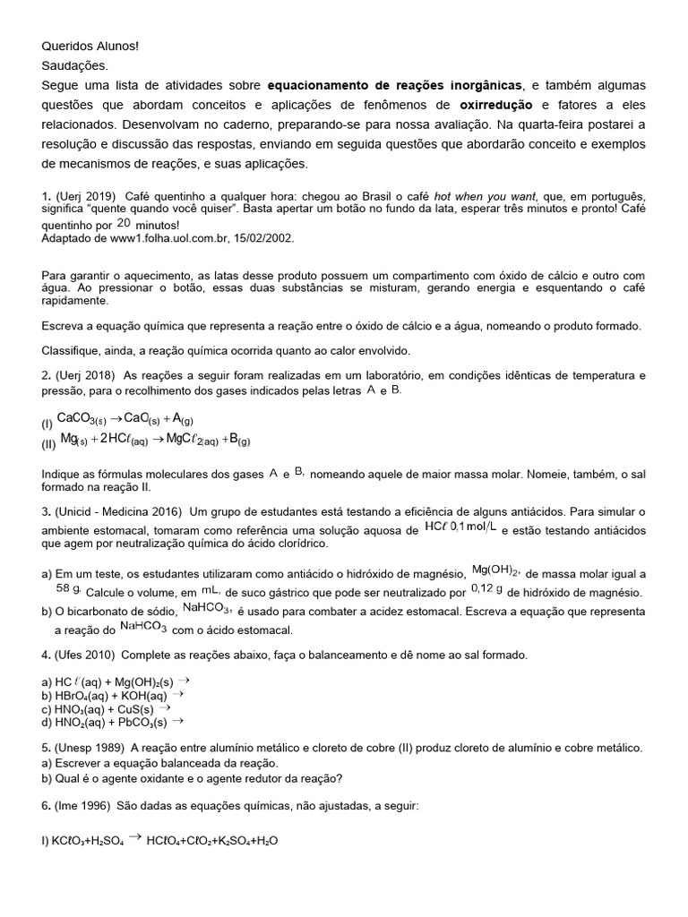 Equacionamento de Reações e Oxirreducao Com Comando | Download grátis ...
