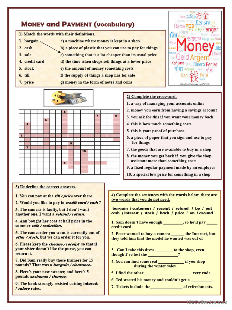 Money and Payment Vocabulary Exercises | PDF | Money | Cash