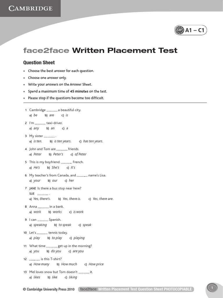 Face2face Written Placemente Test | PDF
