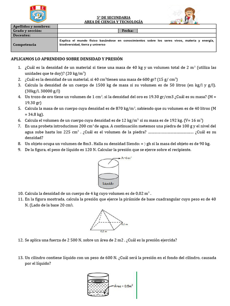 Ejercicios Densidad y Presión | PDF | Densidad | Masa
